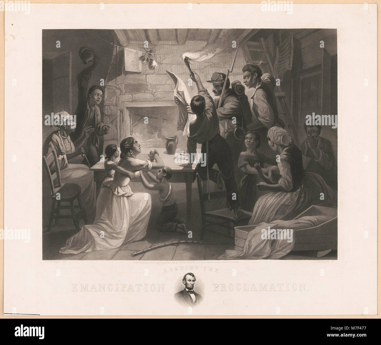 An engraving depicting a figure reading the Emancipation Proclamation ...