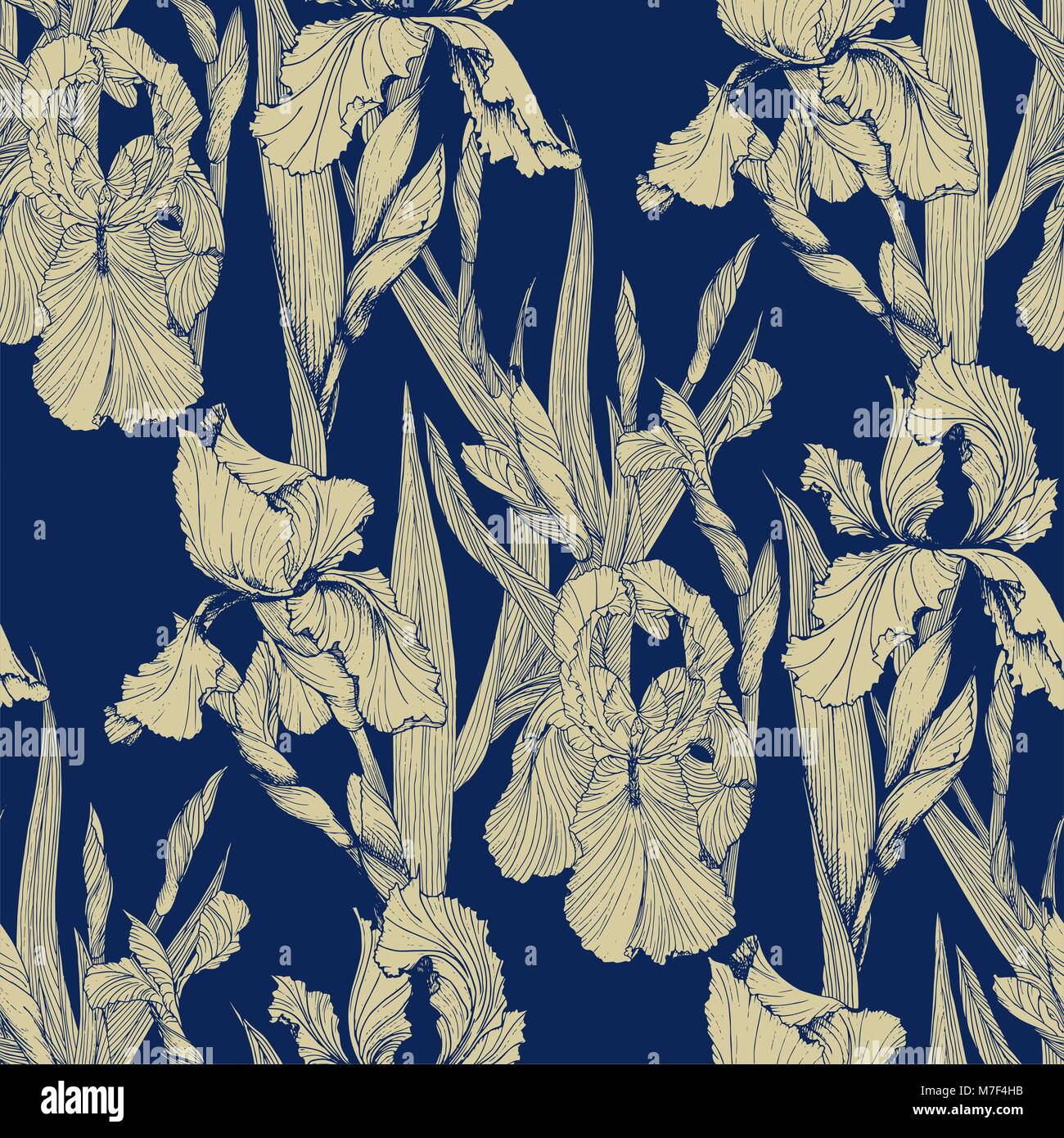 Irises flowers vector seamless pattern flowered background of botany ...