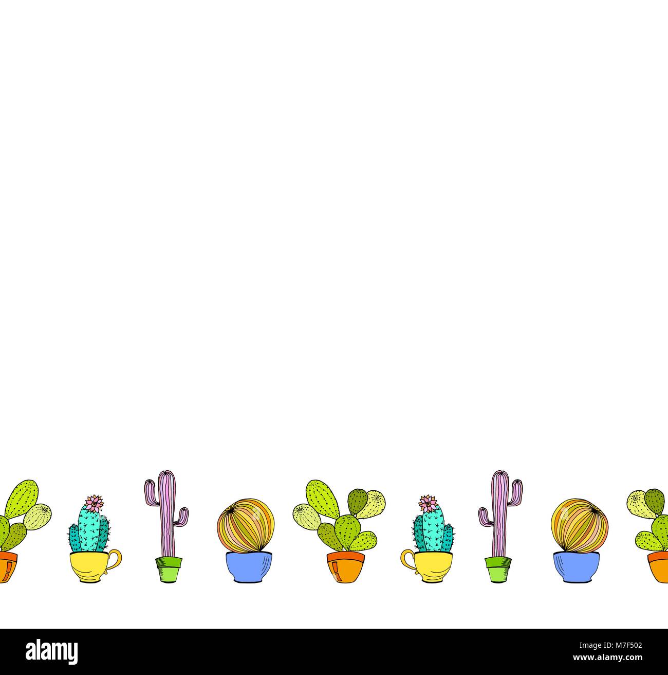 Vector cacti flower background. Seamless border with cactus in pot ...