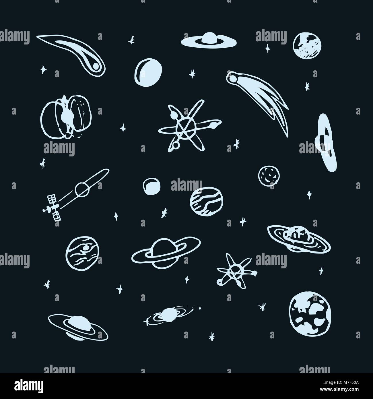 Vector set of hand drawn doodle space object - planet, comet, orbit ...