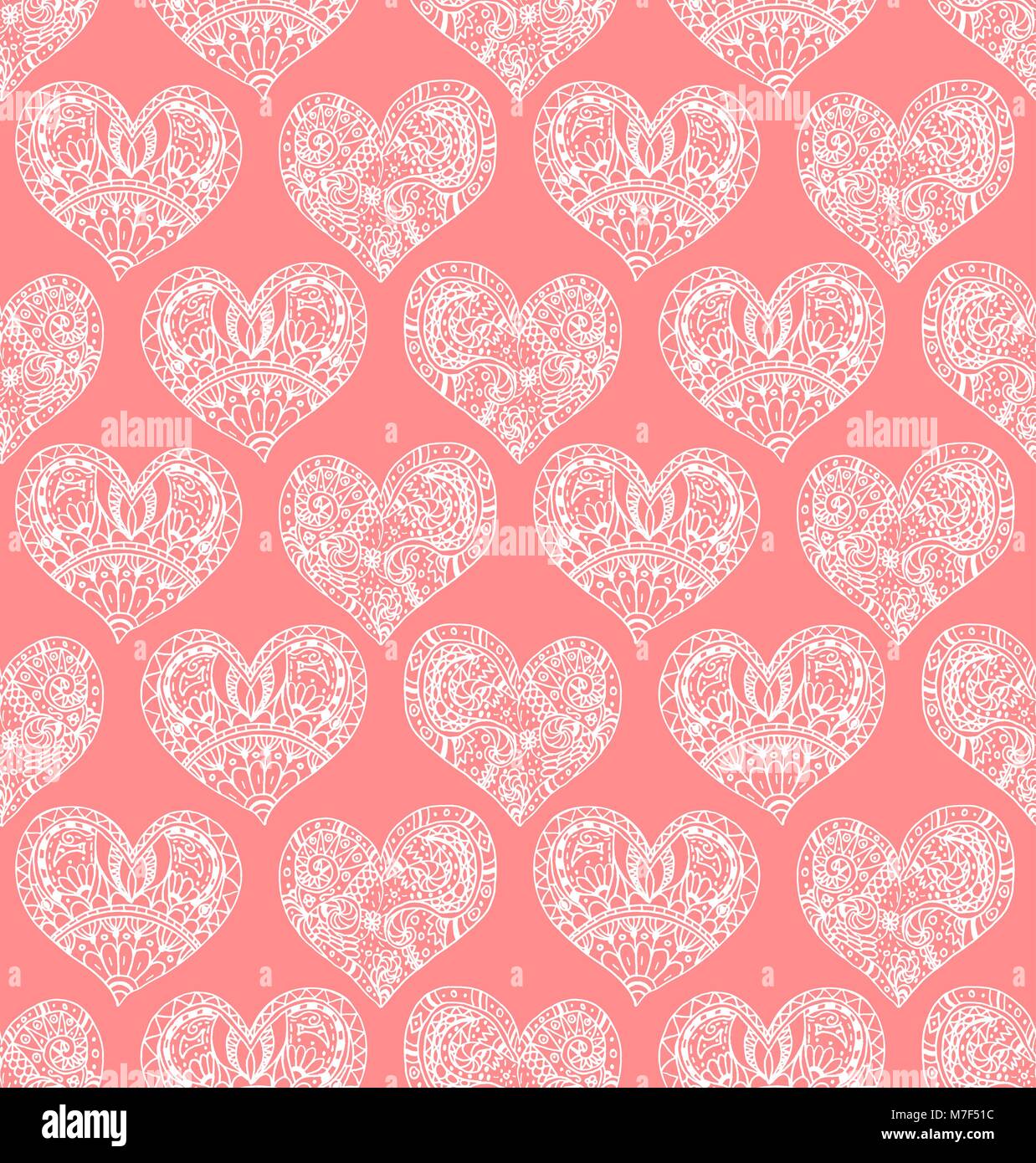 Vector seamless pattern from doodle hand drawn heart. White hearts on ...