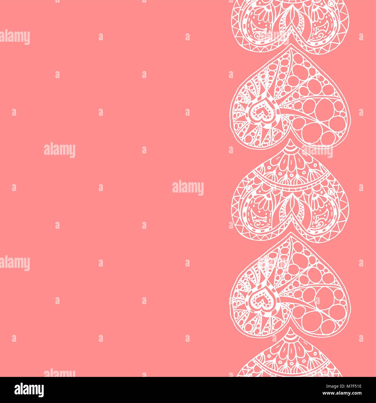 Vector decorative vertical border from white hand drawing hearts on ...