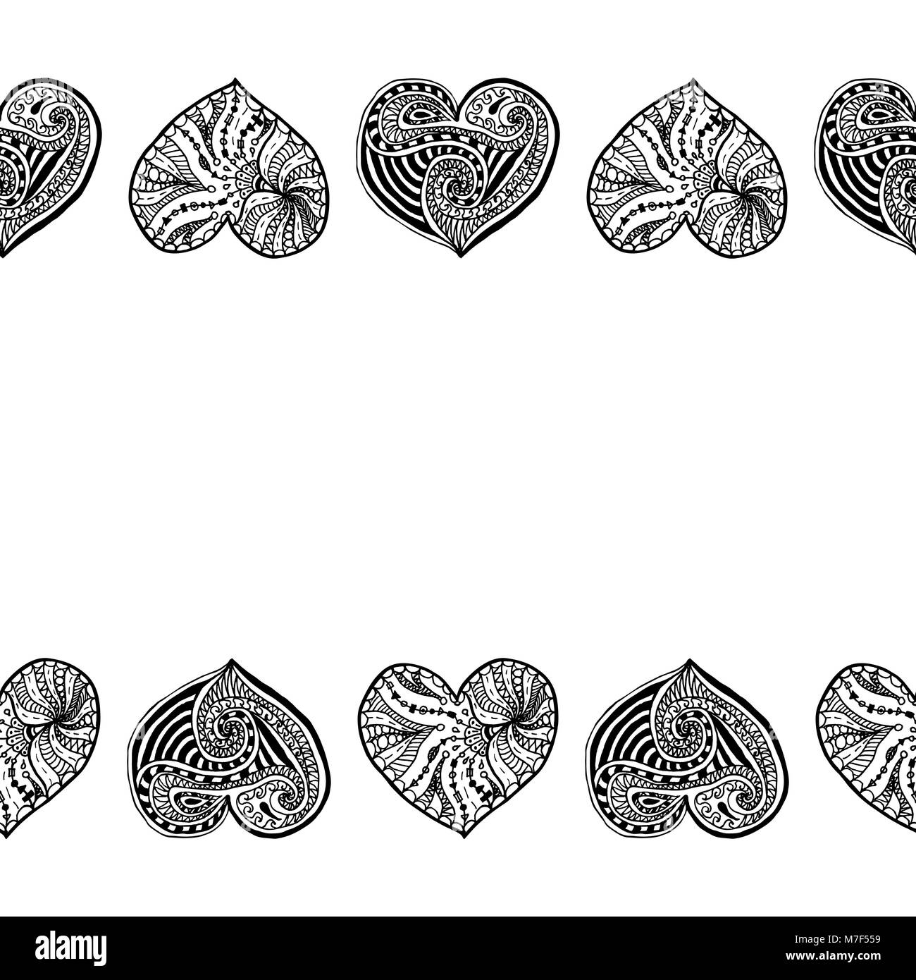 Vector decorative horizontal border from black hand drawing hearts on ...