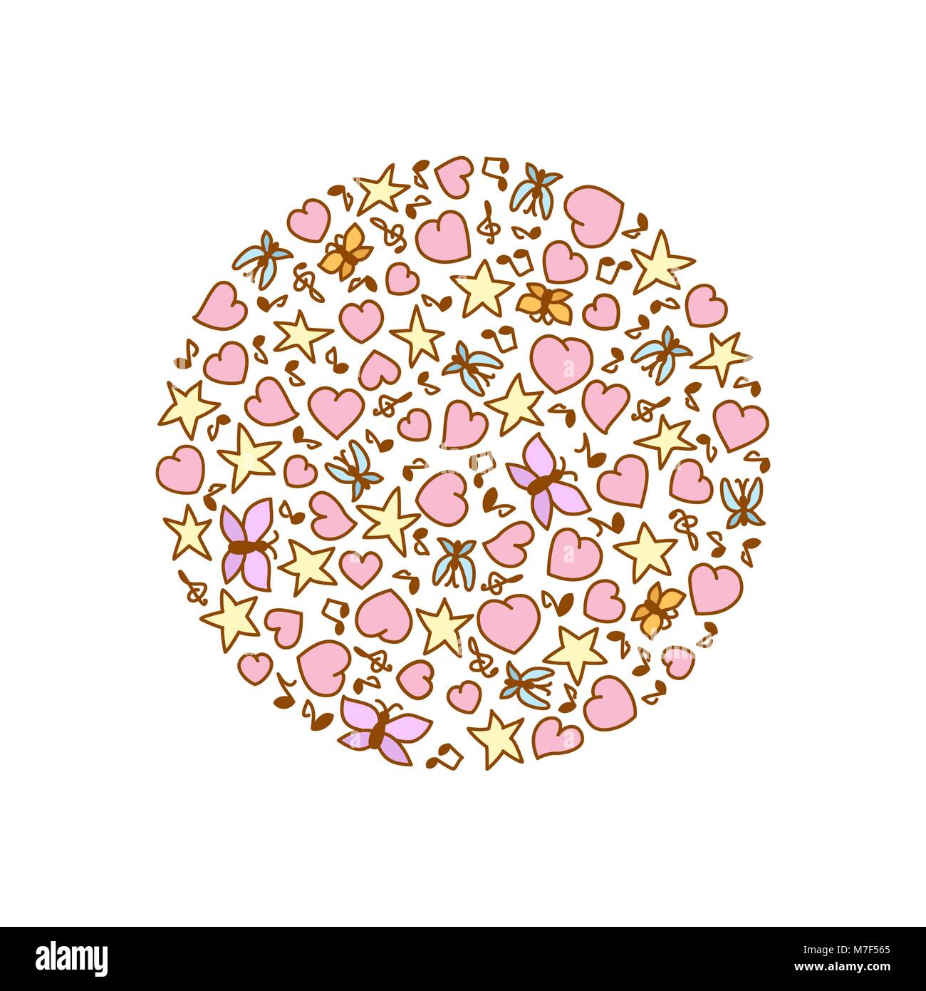 Vector illustration of cartoon round from pink heart, notes, stars and ...