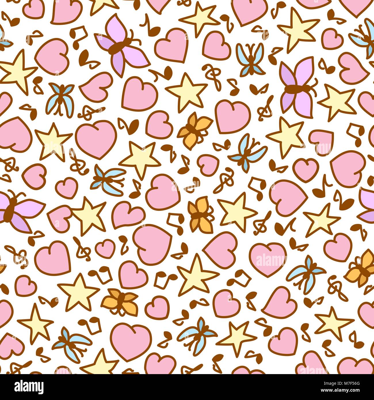 Vector illustration of cartoon seamless pattern from pink heart, notes ...