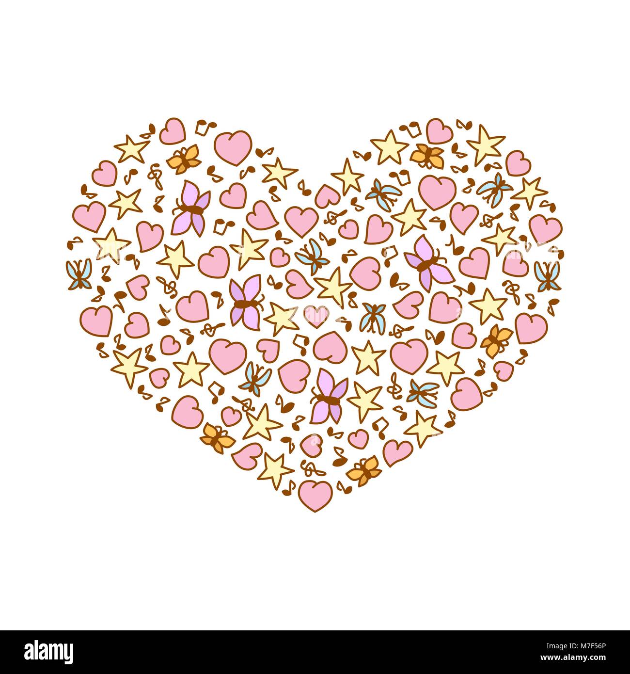 Vector illustration of cartoon heart from pink heart, notes, stars and ...