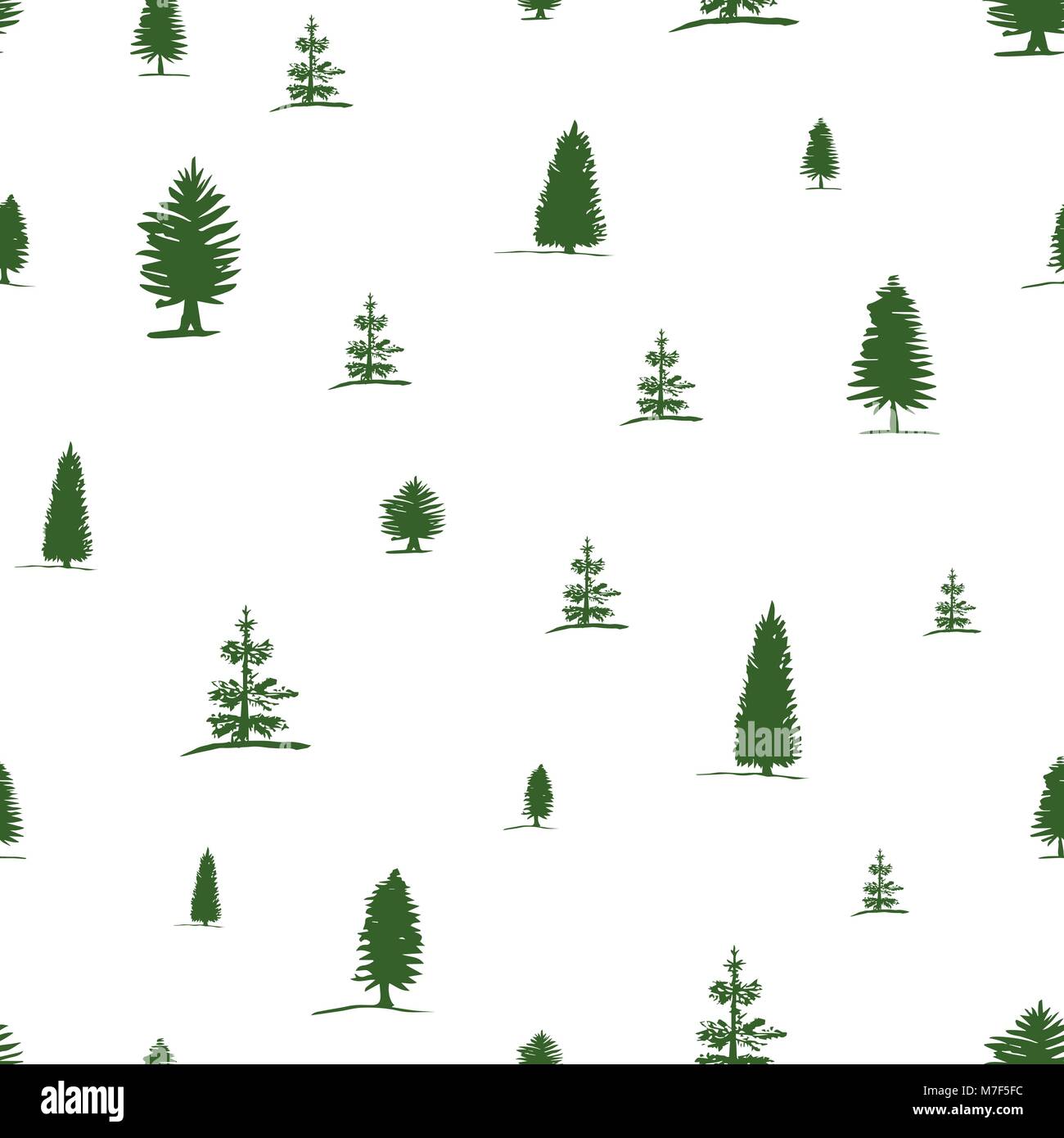 Vector seamless pattern from hand drawing sketch green tree - pine, fir ...