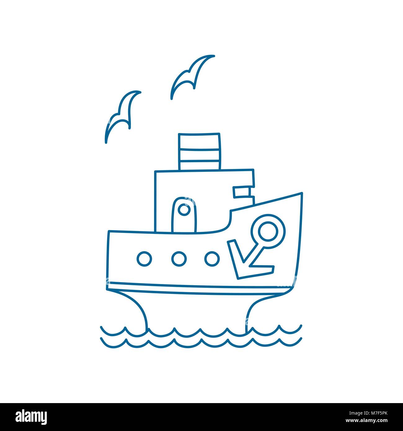 Vector illustration of cartoon ship with anchor and gull Stock Vector ...