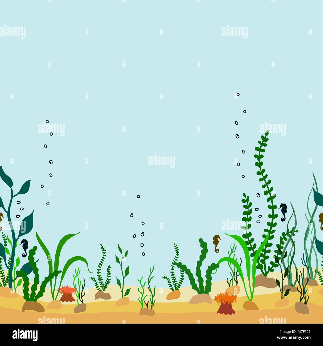 Vector seamless decorative border of cartoon seabed with seaweeds and ...