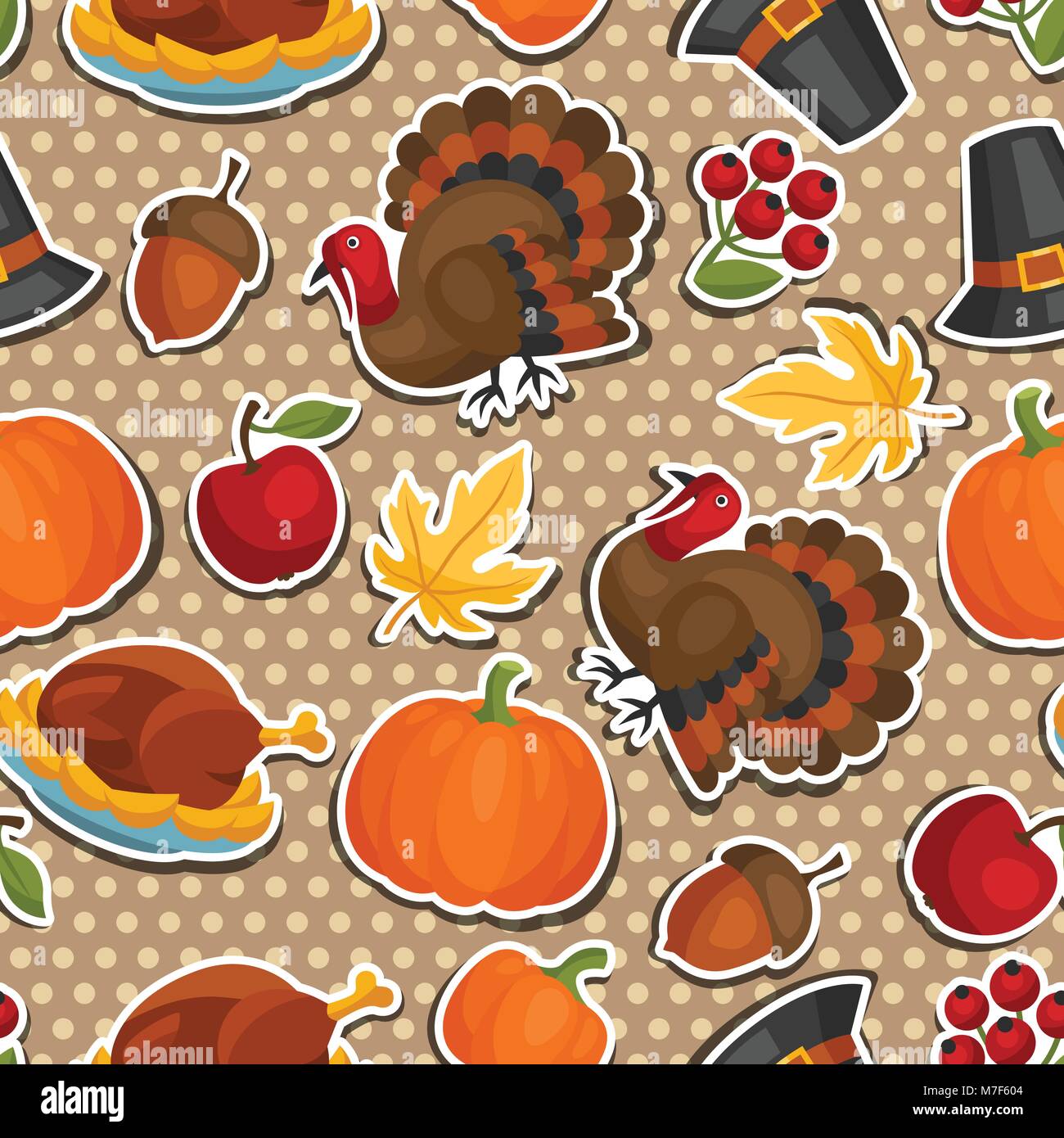Happy Thanksgiving Day seamless pattern with holiday sticker objects ...