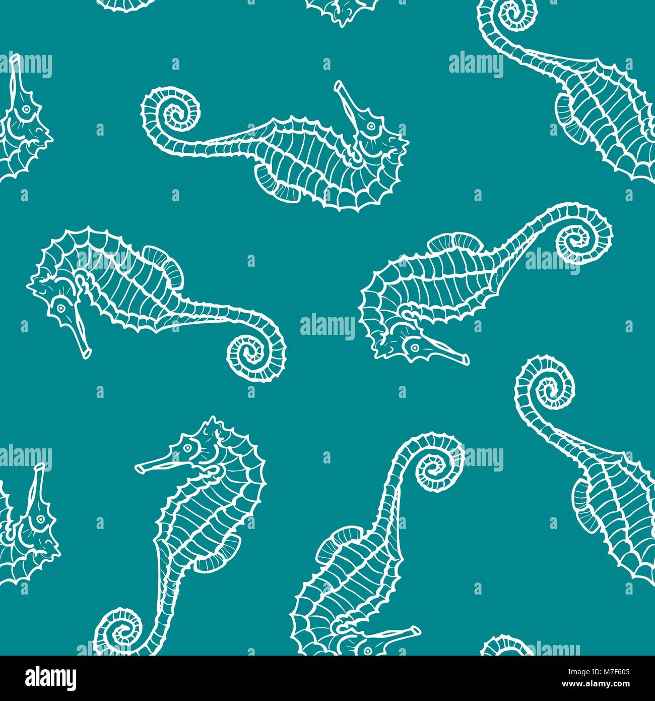 vector seamless pattern or seahorse contour. Hippocampus background ...