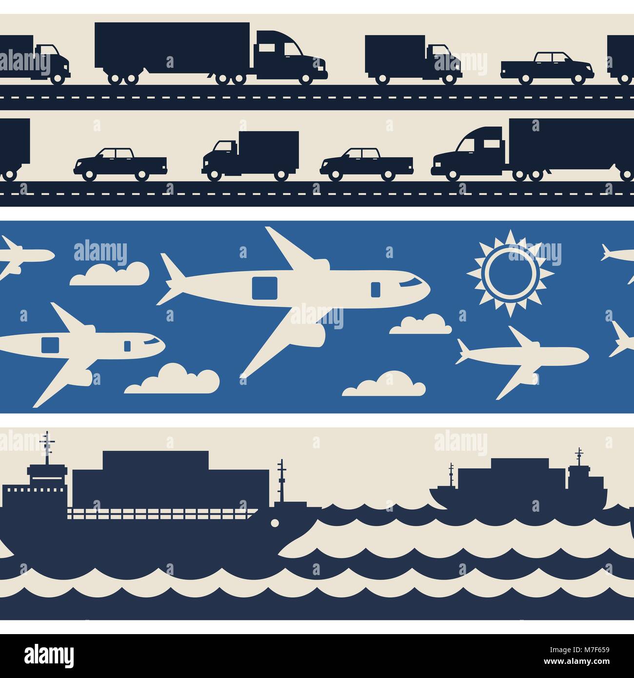 Freight cargo transport icons seamless patterns in flat design style ...