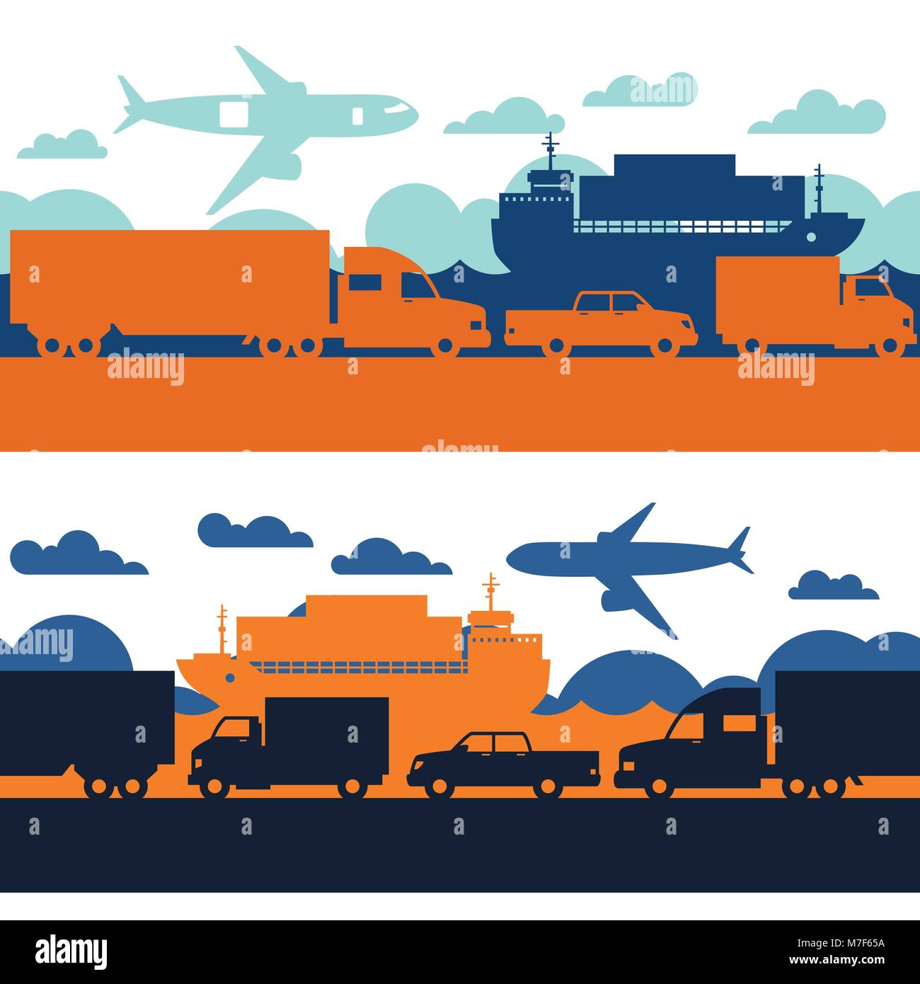 Freight cargo transport icons seamless patterns in flat design style ...
