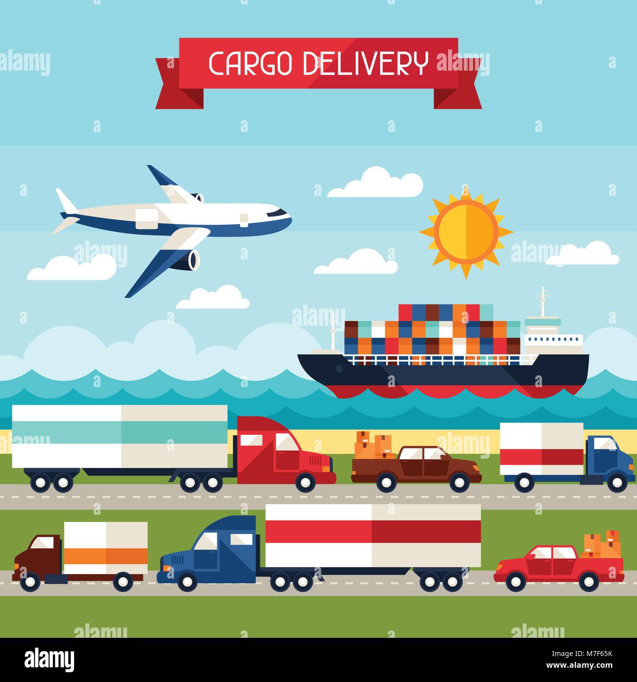 Freight cargo transport background in flat design style Stock Vector ...