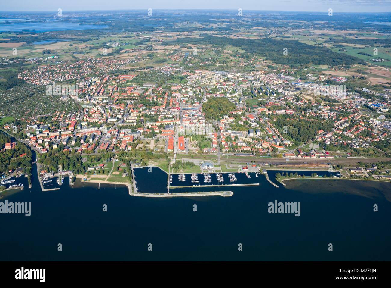 Aerial view of Gizycko - town on Niegocin lakeshore, Mazury, Poland ...