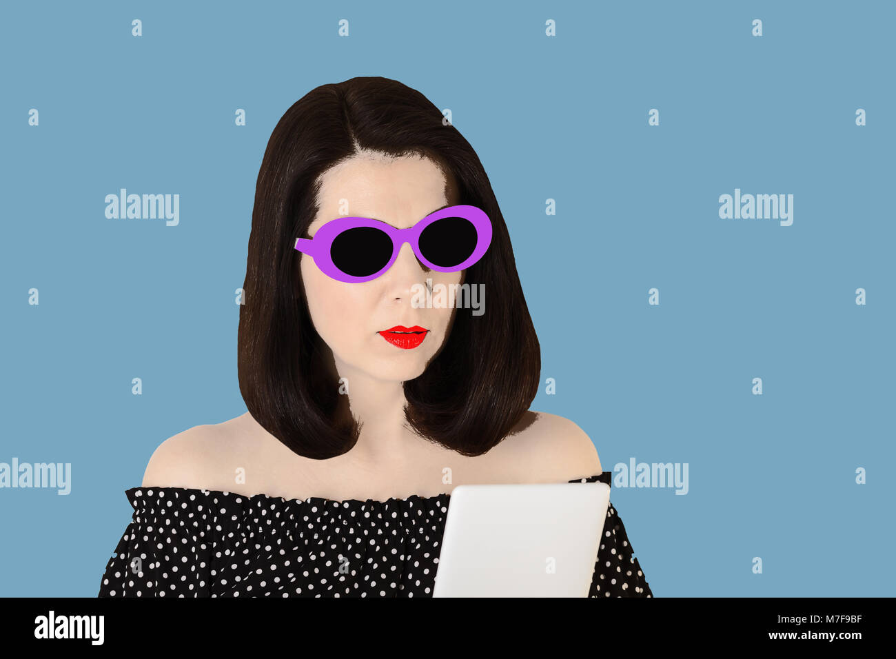 Photo in the style of pop art. Woman in a black and white dress with ...