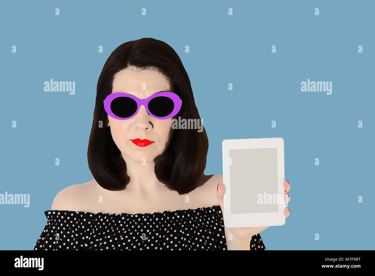 Photo in the style of pop art. Woman in a black and white dress with ...