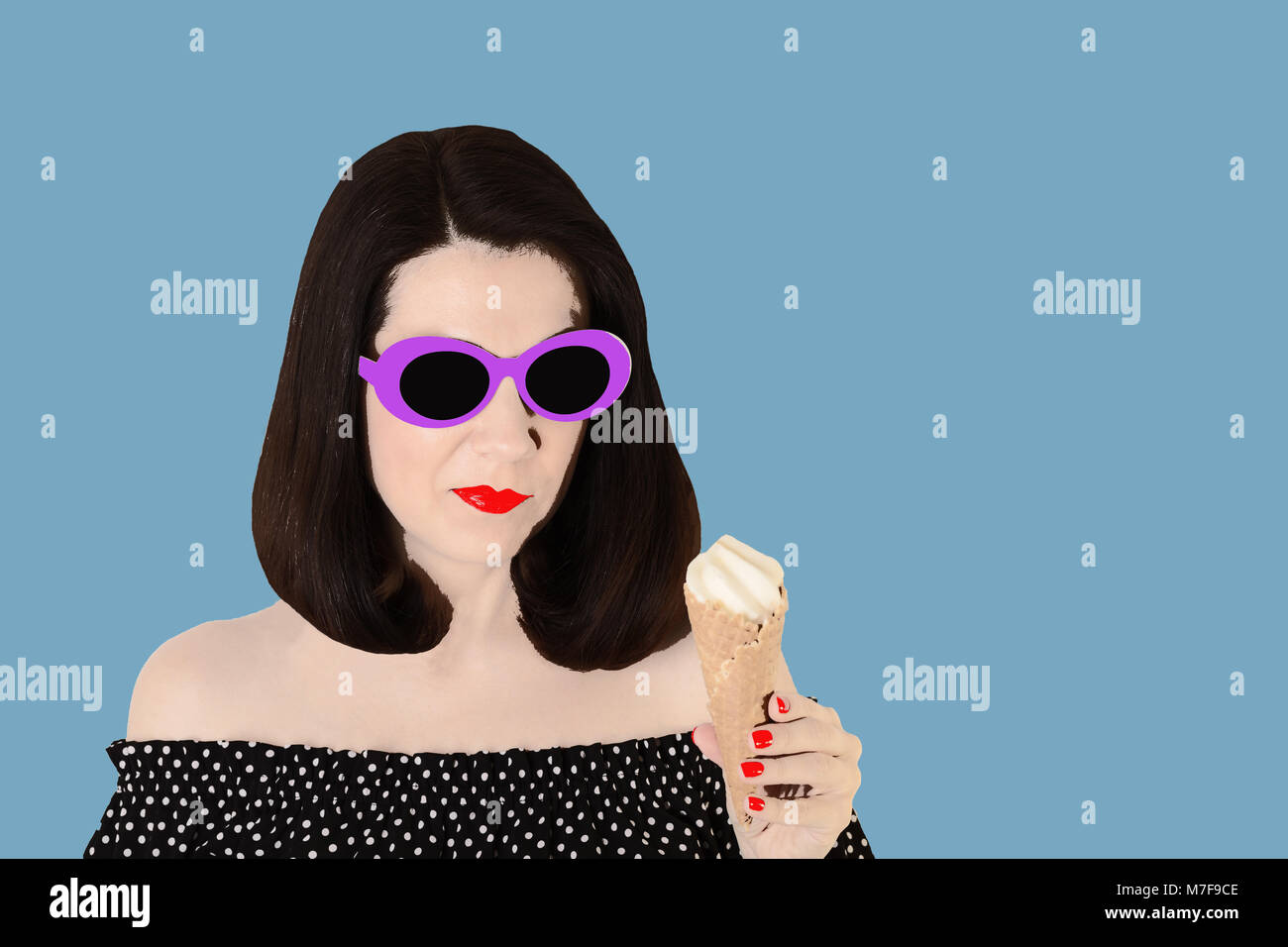 Photo in the style of pop art. Woman in a black and white dress with ...