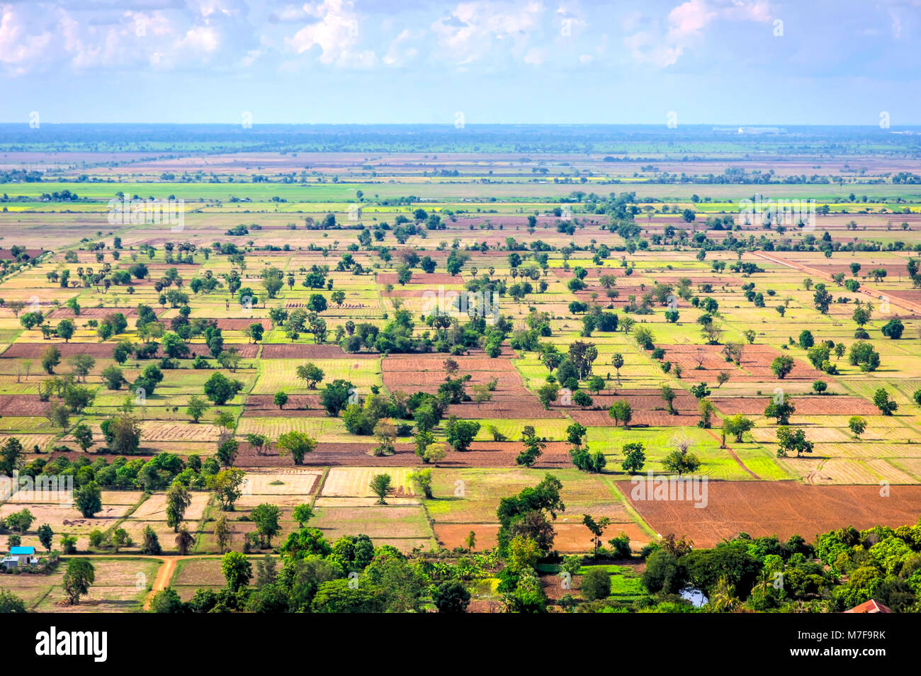 View to the green landscape with fields and trees of the Cambodian ...