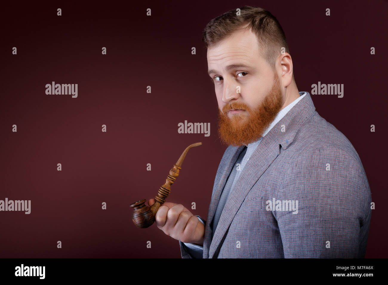 portrait of a red bearded man smoking a pipe on a brown background ...