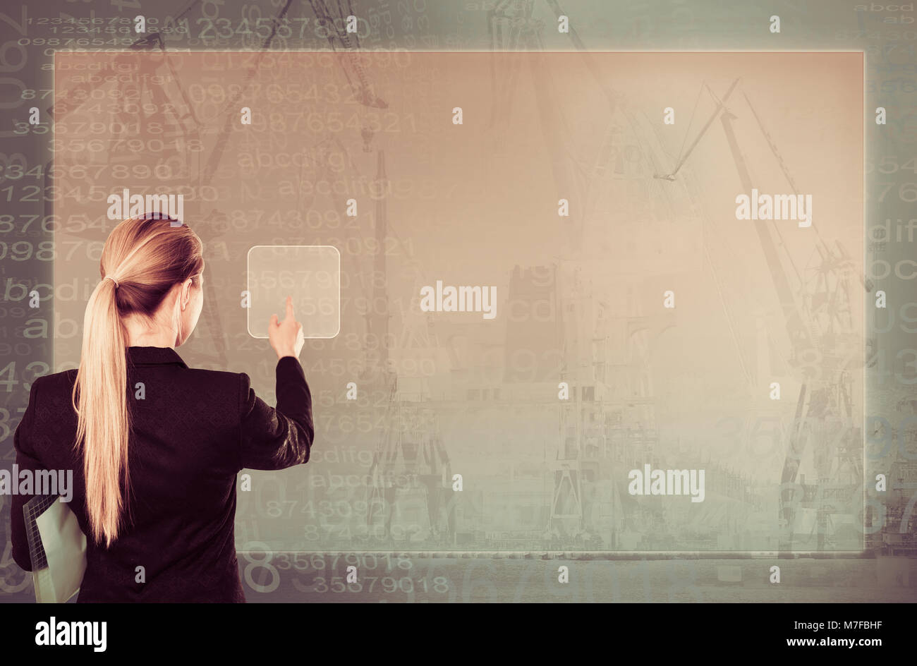 Businesswoman pressing icons on virtual digital touchscreen Stock Photo ...