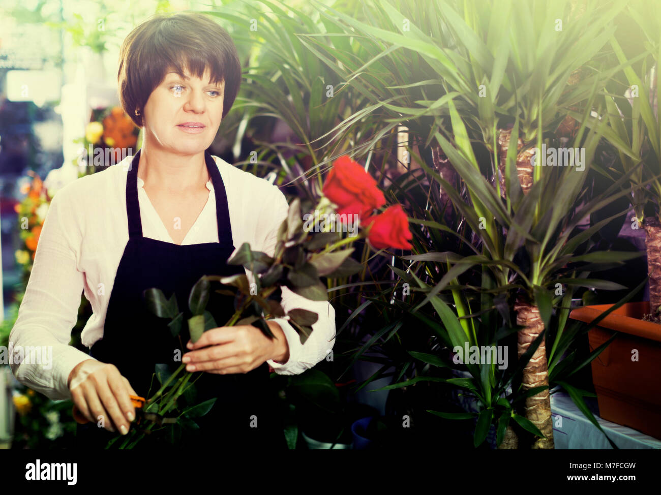 Shop assistant showing best roses in flower shop Stock Photo - Alamy