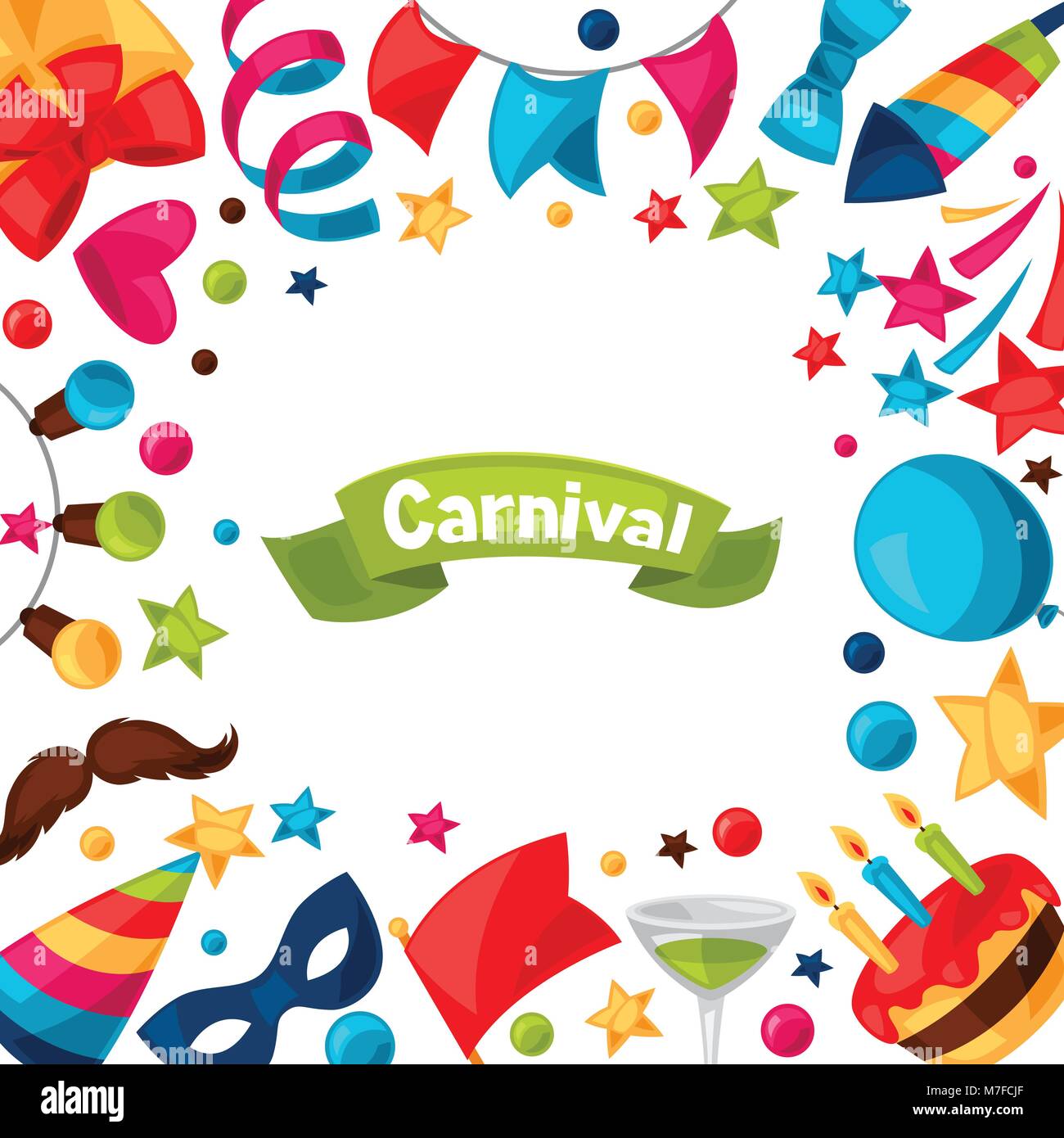 Carnival show and party greeting card with celebration objects Stock ...