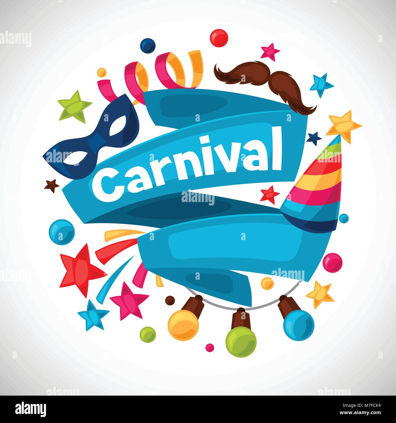Carnival show and party greeting card with celebration objects Stock ...