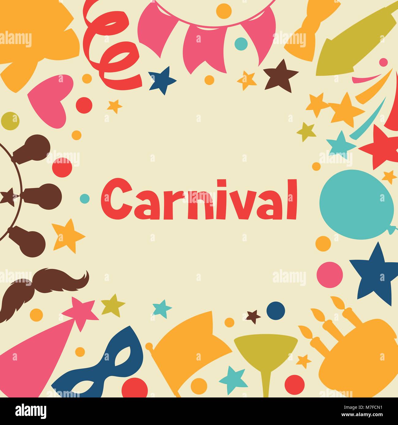 Carnival show and party greeting card with celebration objects Stock ...