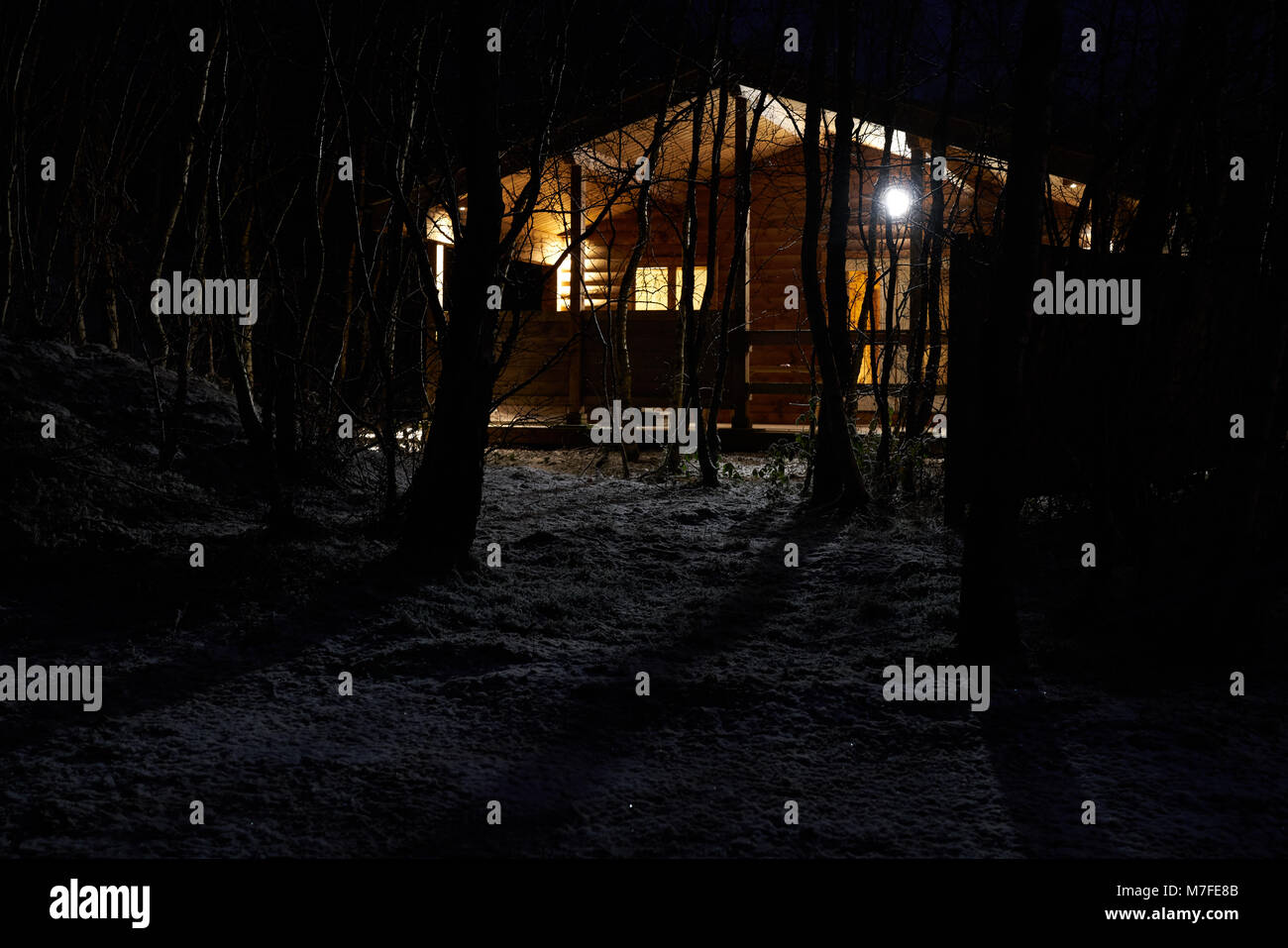 Log cabin at night with lights on in a forest Stock Photo - Alamy