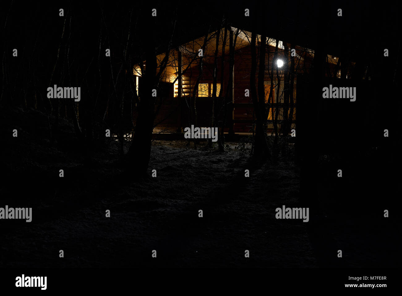 Log cabin at night with lights on in a forest Stock Photo - Alamy
