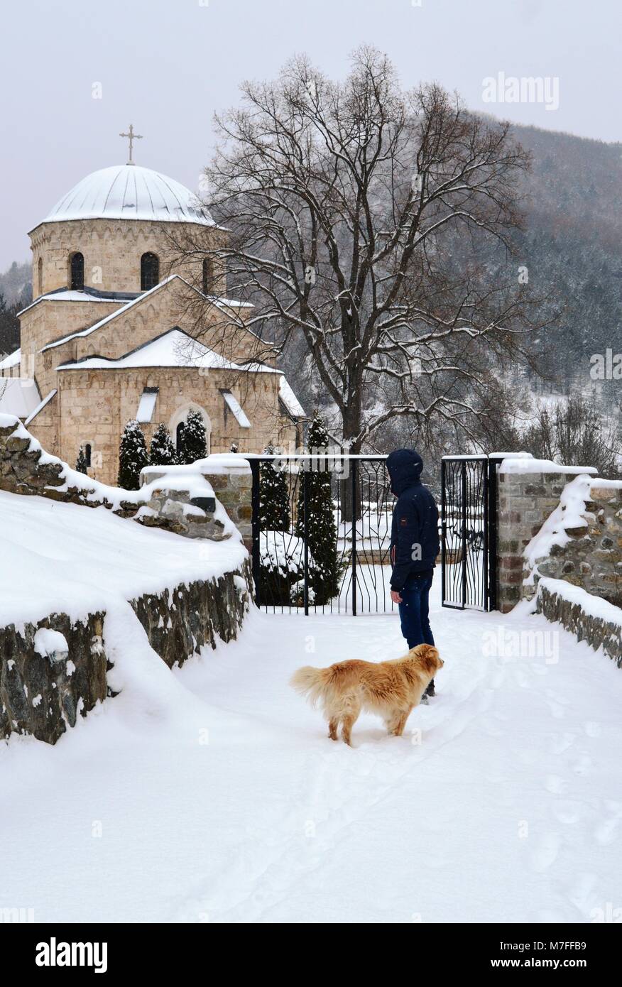 a man with a dog at the gate of the monastery Stock Photo - Alamy