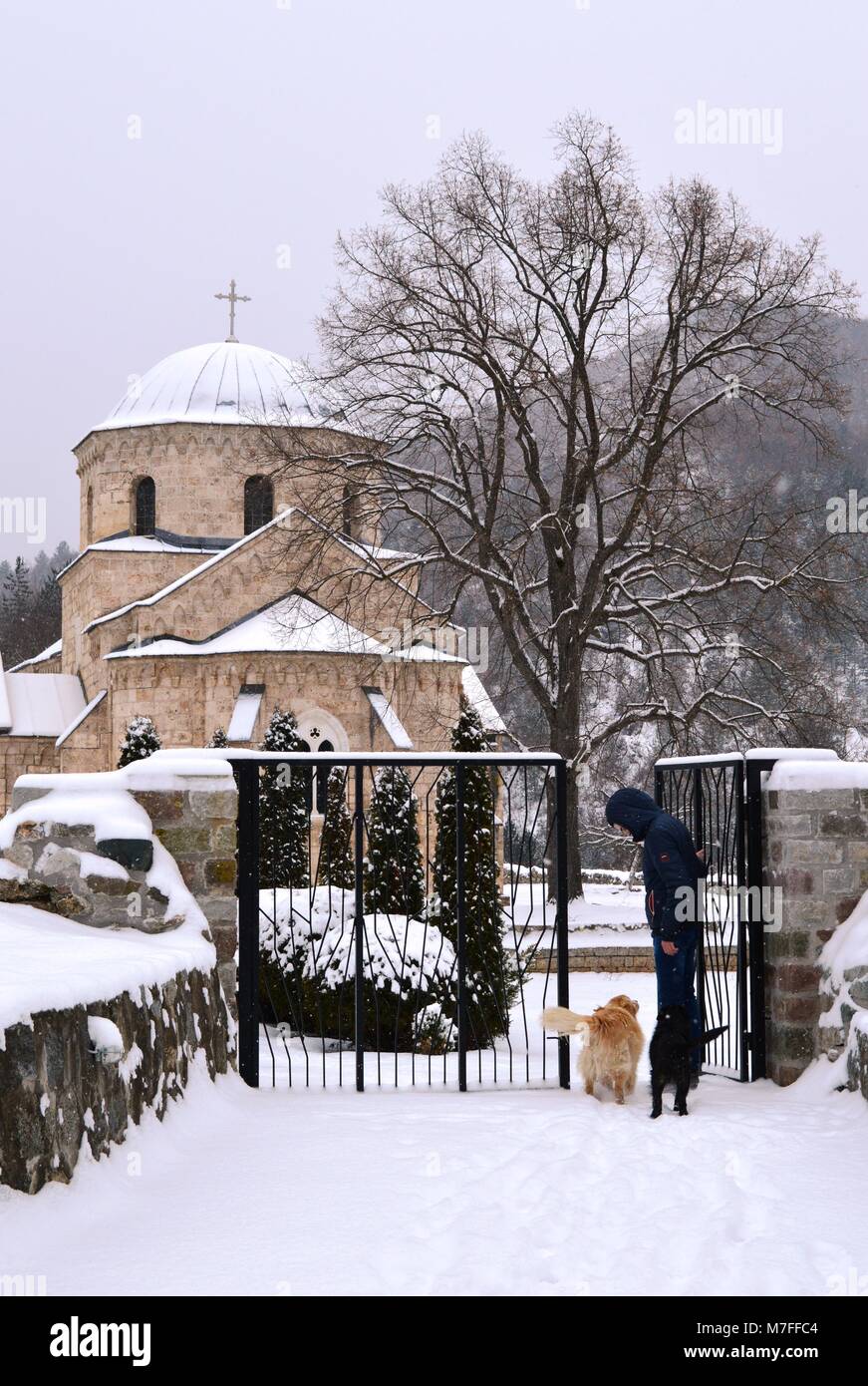 a man with a dog at the gate of the monastery Stock Photo - Alamy