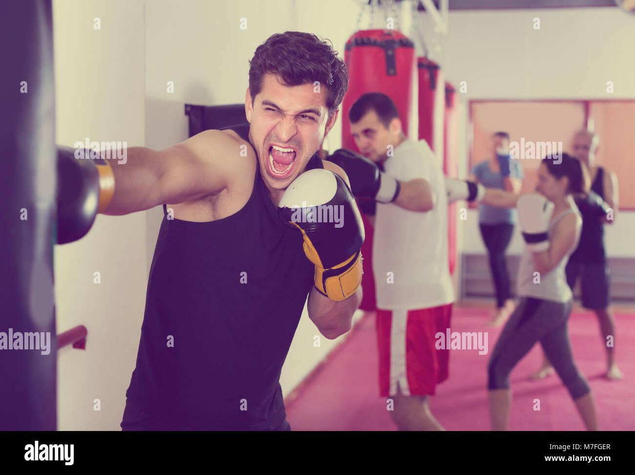 Muscular man is beating a boxing bag in the boxing hall Stock Photo - Alamy