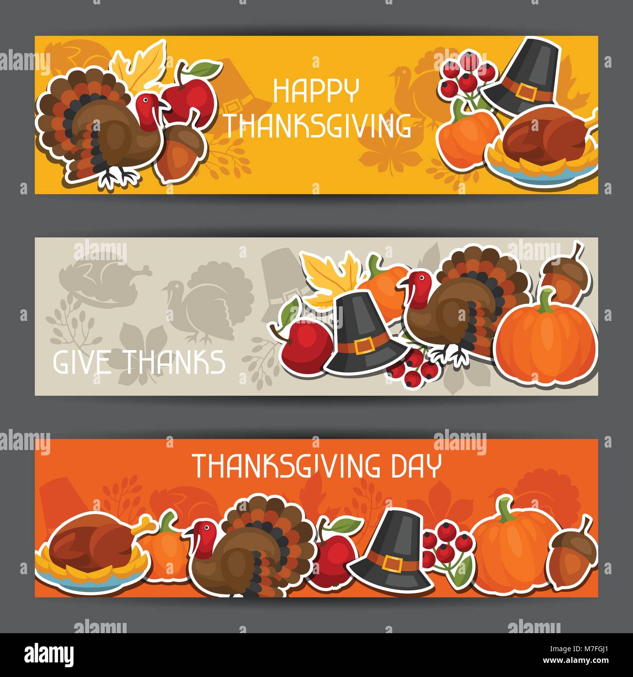 Happy Thanksgiving Day banners design with holiday sticker objects ...