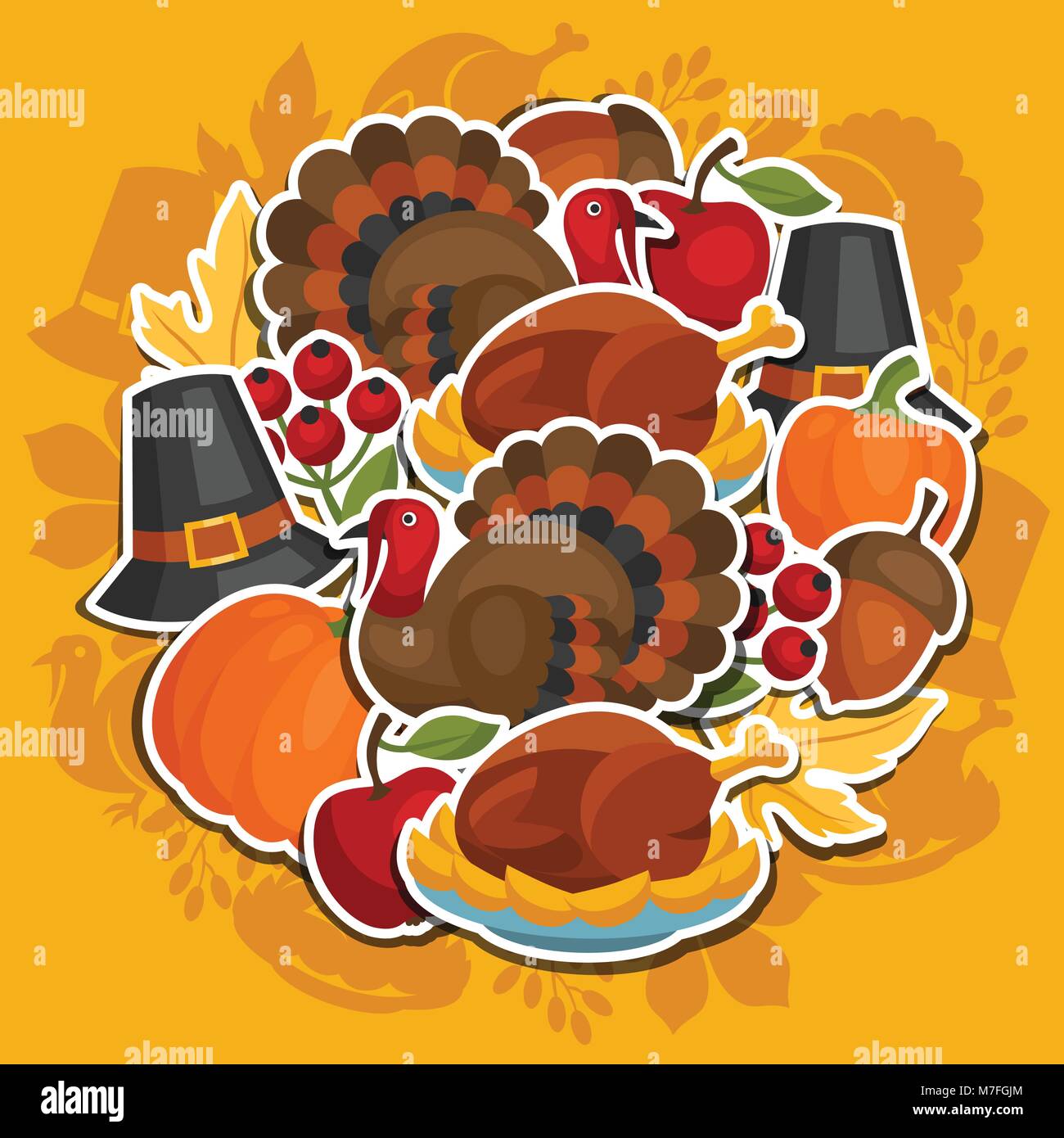 Happy Thanksgiving Day background design with holiday sticker objects ...
