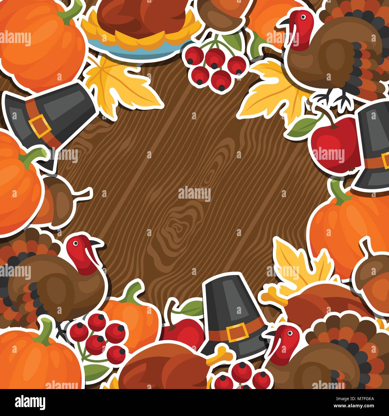 Happy Thanksgiving Day background design with holiday sticker objects ...