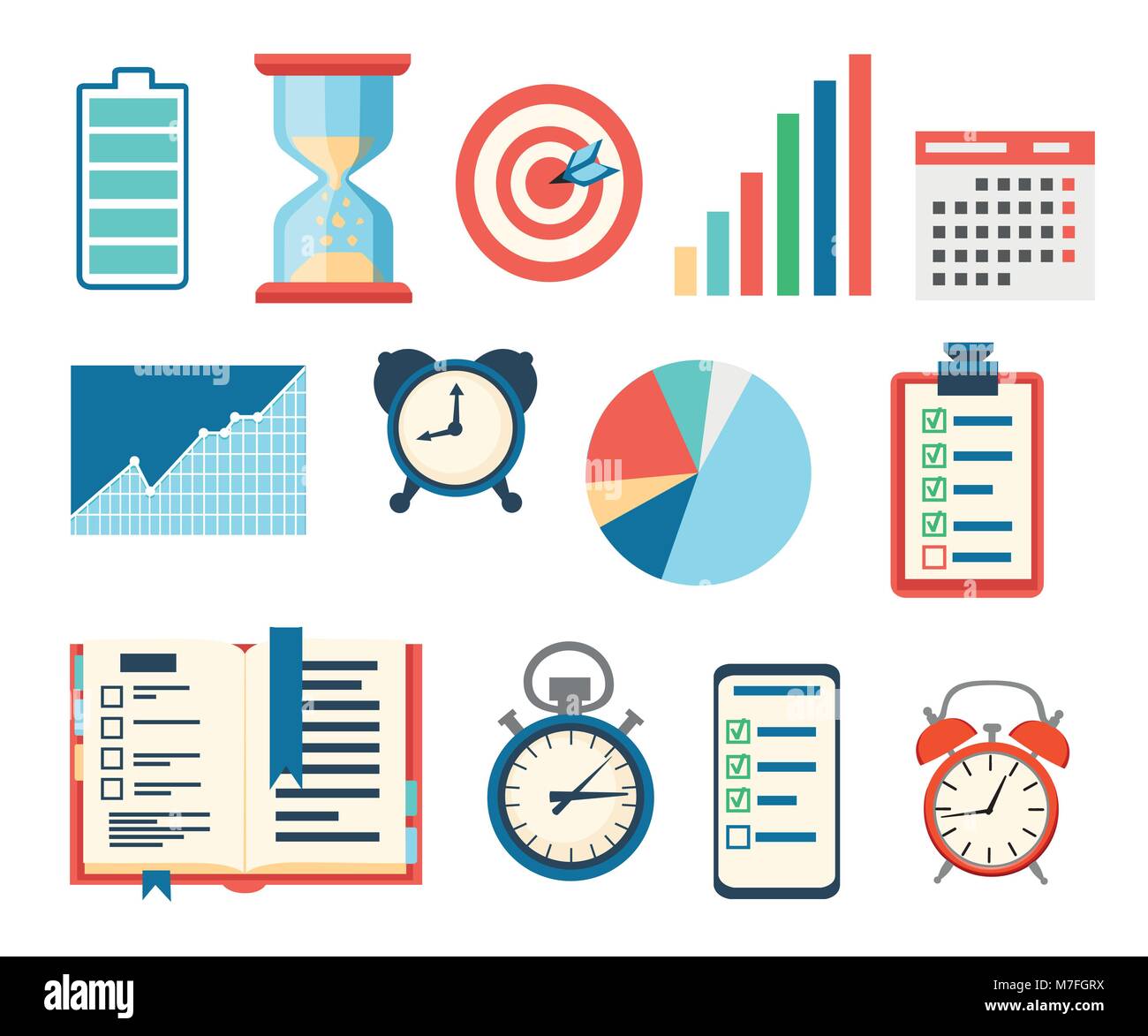 Time management icons set. Charts analysis and optimization goal ...