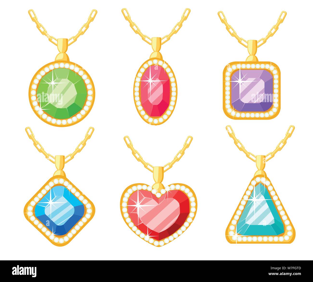 Set of golden jewelry. Necklaces collections with square, circle, heart ...