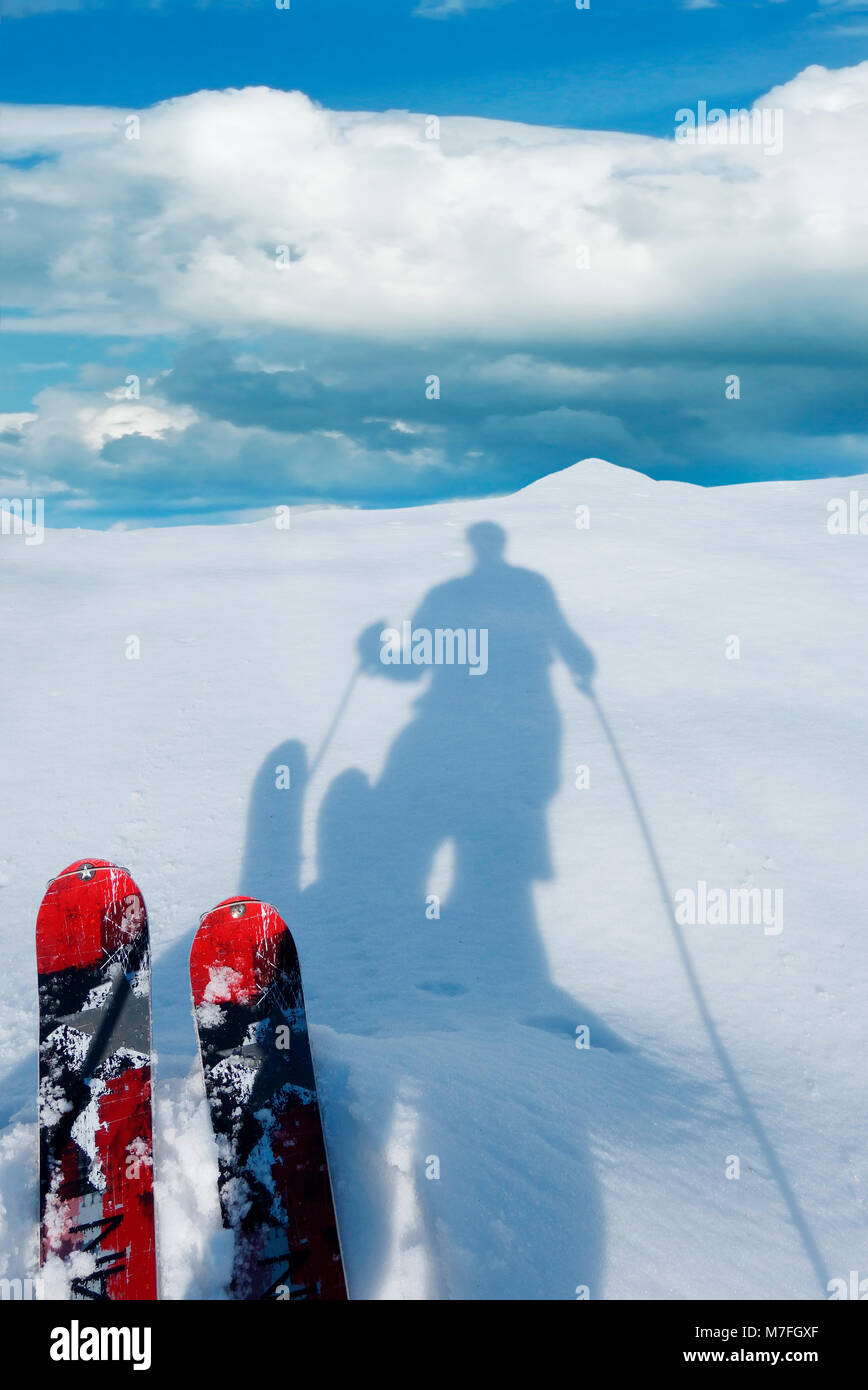 A pair of touring skis and a shadow of the skier on the snow Stock ...