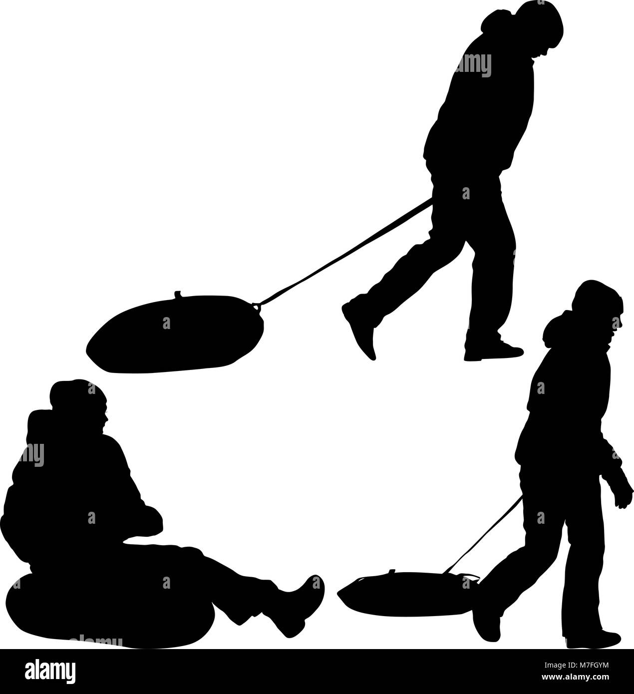 Set silhouette of man and having fun inflatable rubber tube sled on ...