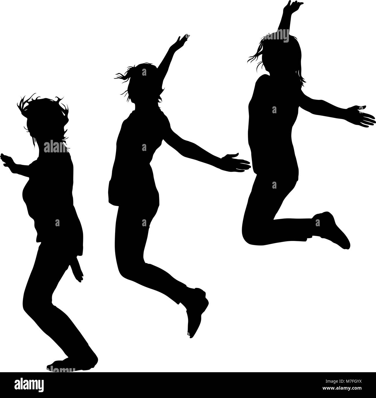 Silhouette of three young girls jumping with hands up, motion Stock ...