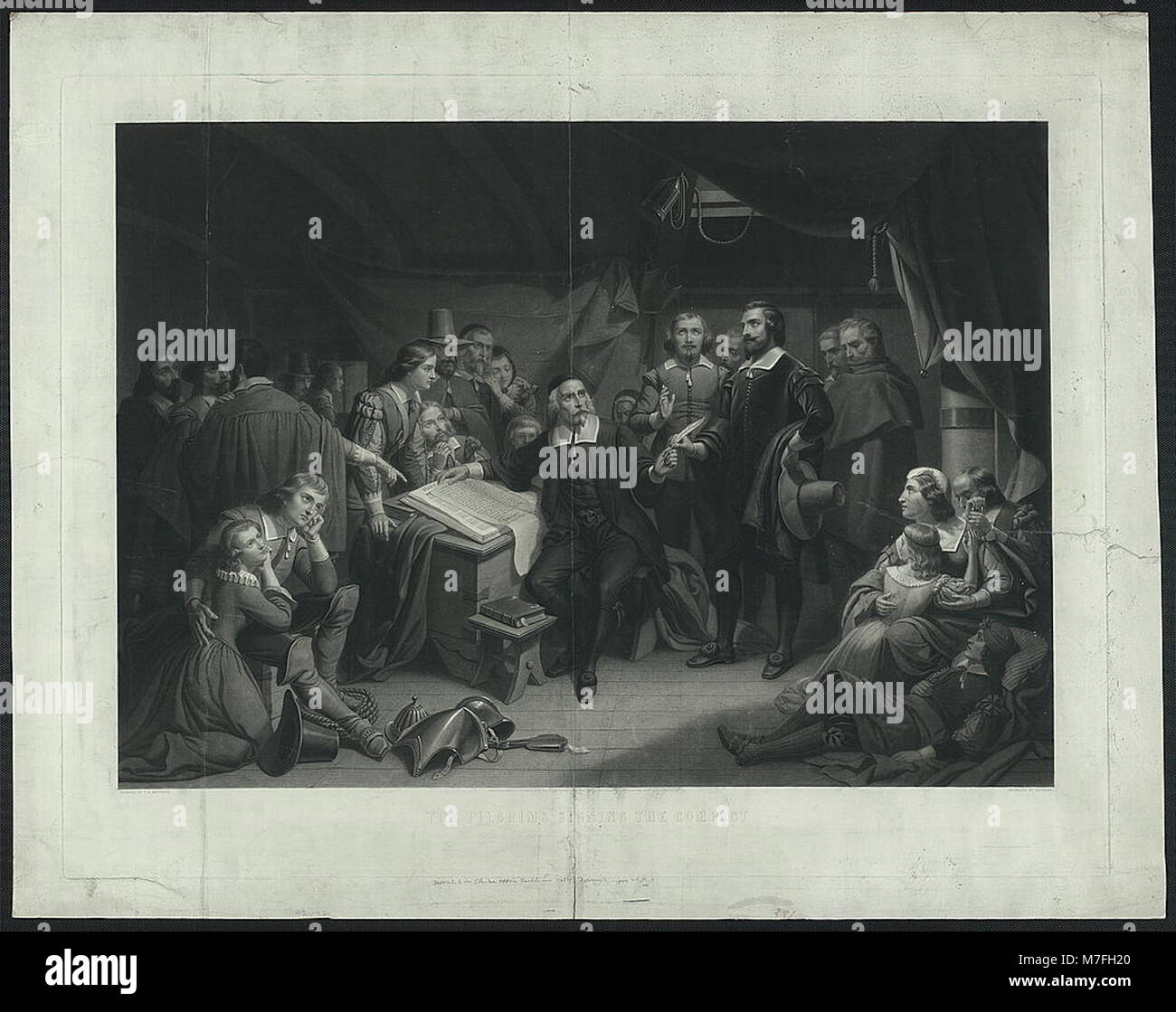 A historical painting depicting the Pilgrims signing the Mayflower ...