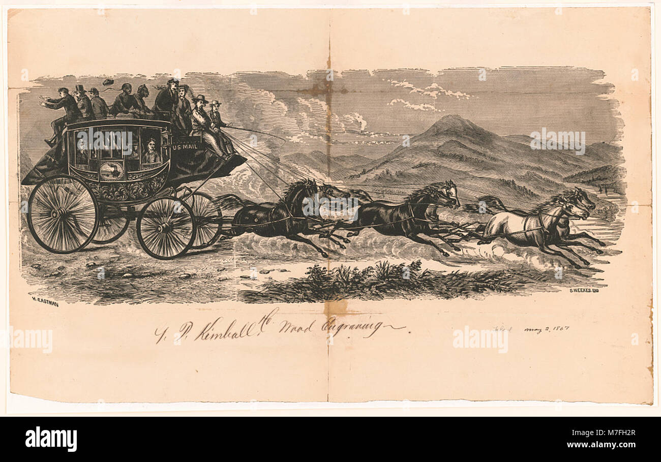 A historic photograph of a U.S. Mail coach carrying passengers ...