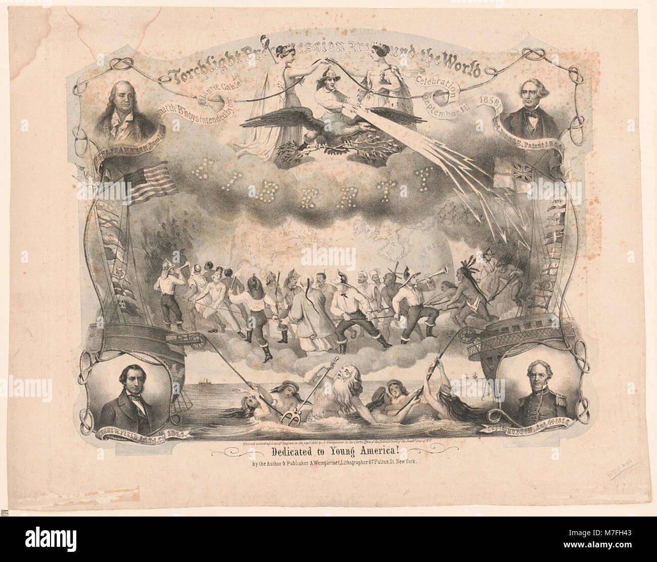 A lithograph depicting a torchlight procession celebrating young ...