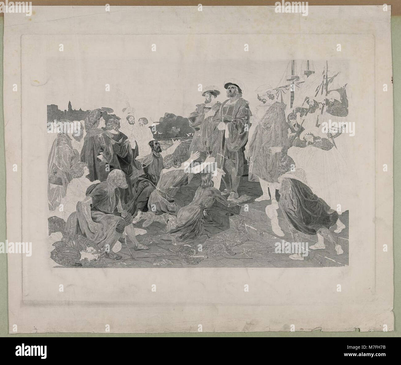 This image depicts the return of Christopher Columbus in chains to ...