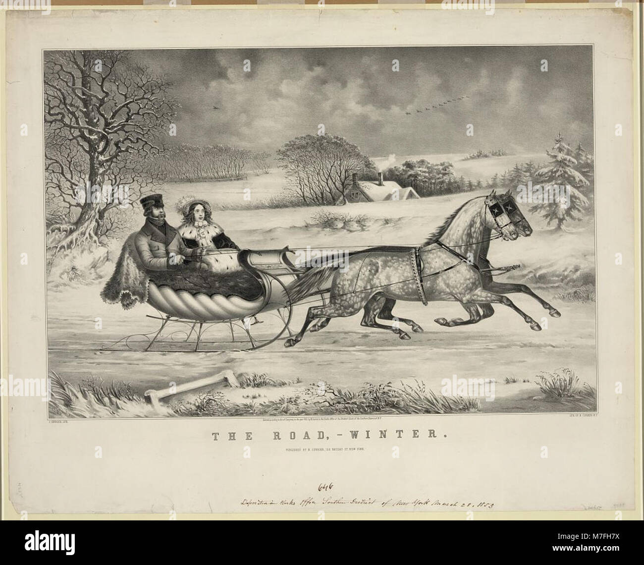 This lithograph by O. Knirsch depicts a winter road scene, capturing ...