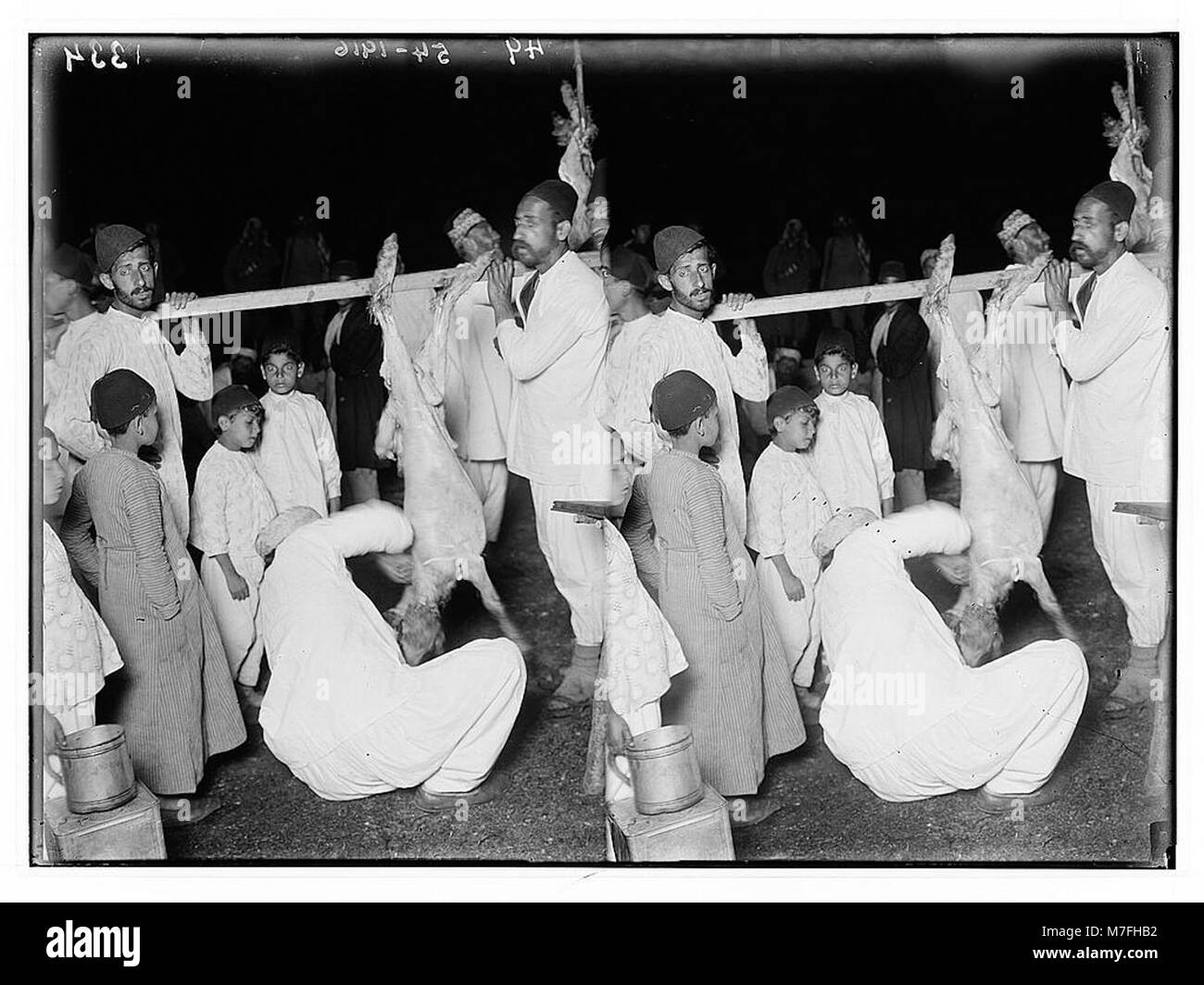 A scene from the Samaritan Passover ceremony on Mount Gerizim, showing ...