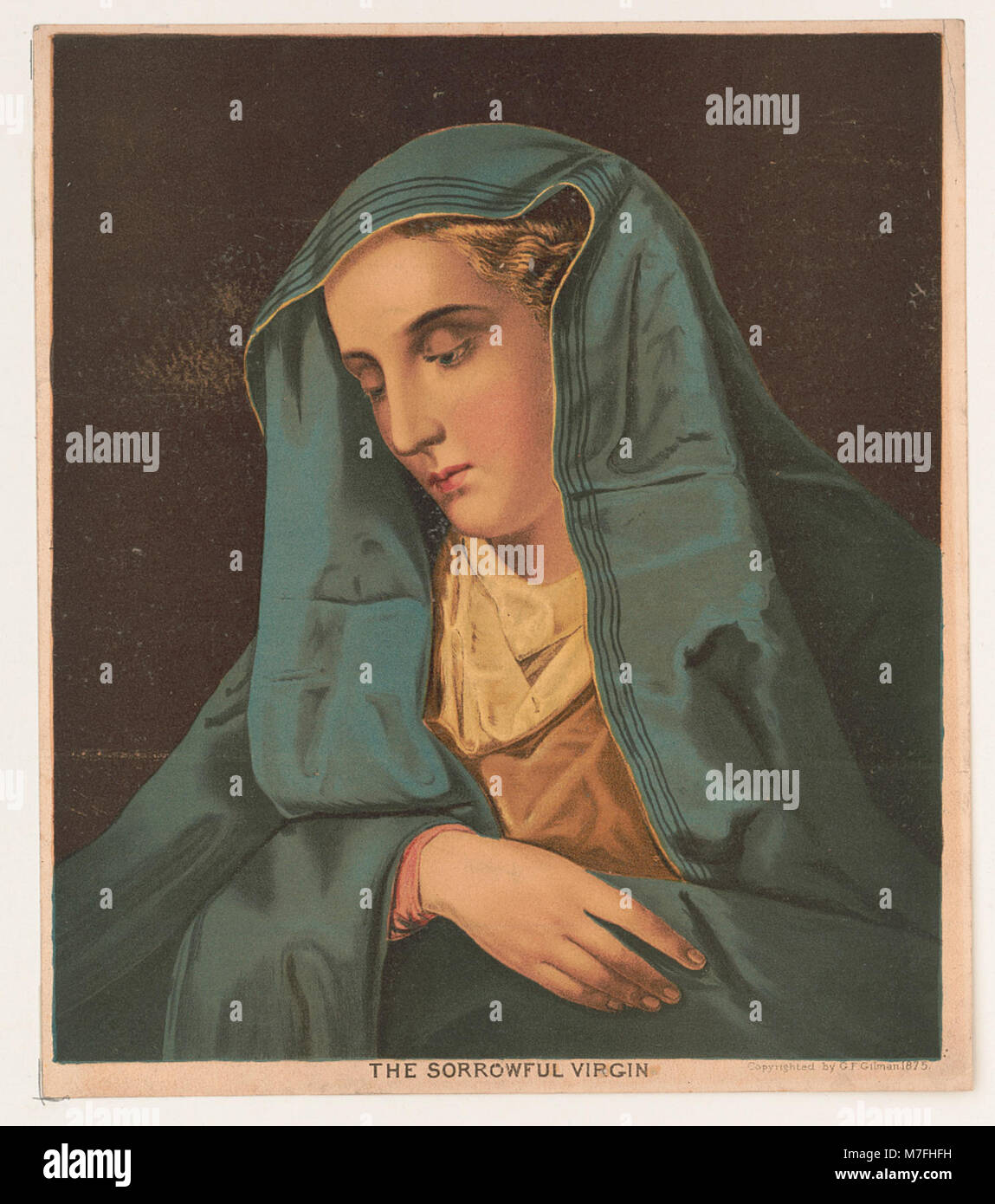 This artwork, titled 'The Sorrowful Virgin,' depicts a religious figure ...
