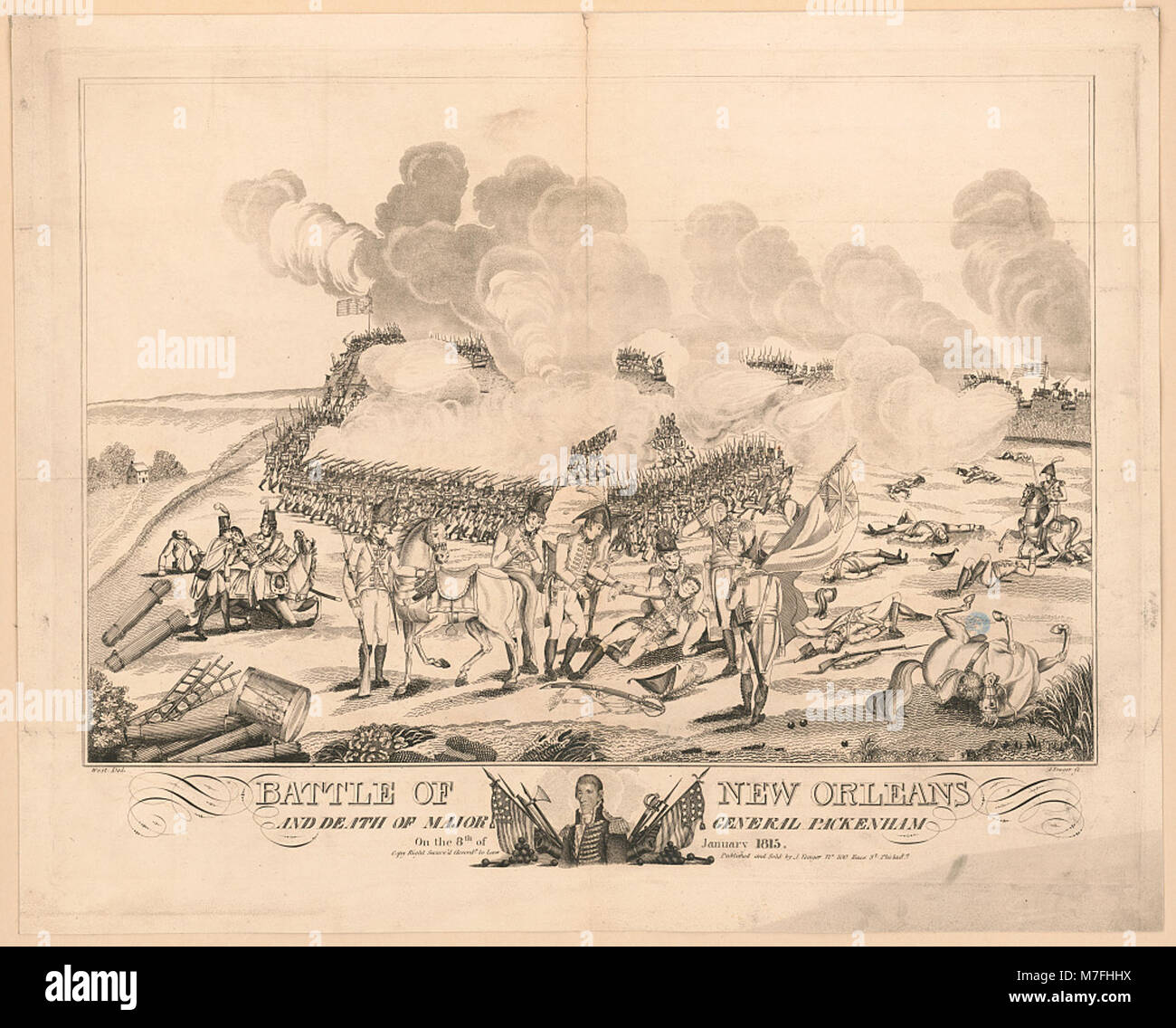 This historical image depicts the Battle of New Orleans and the death ...